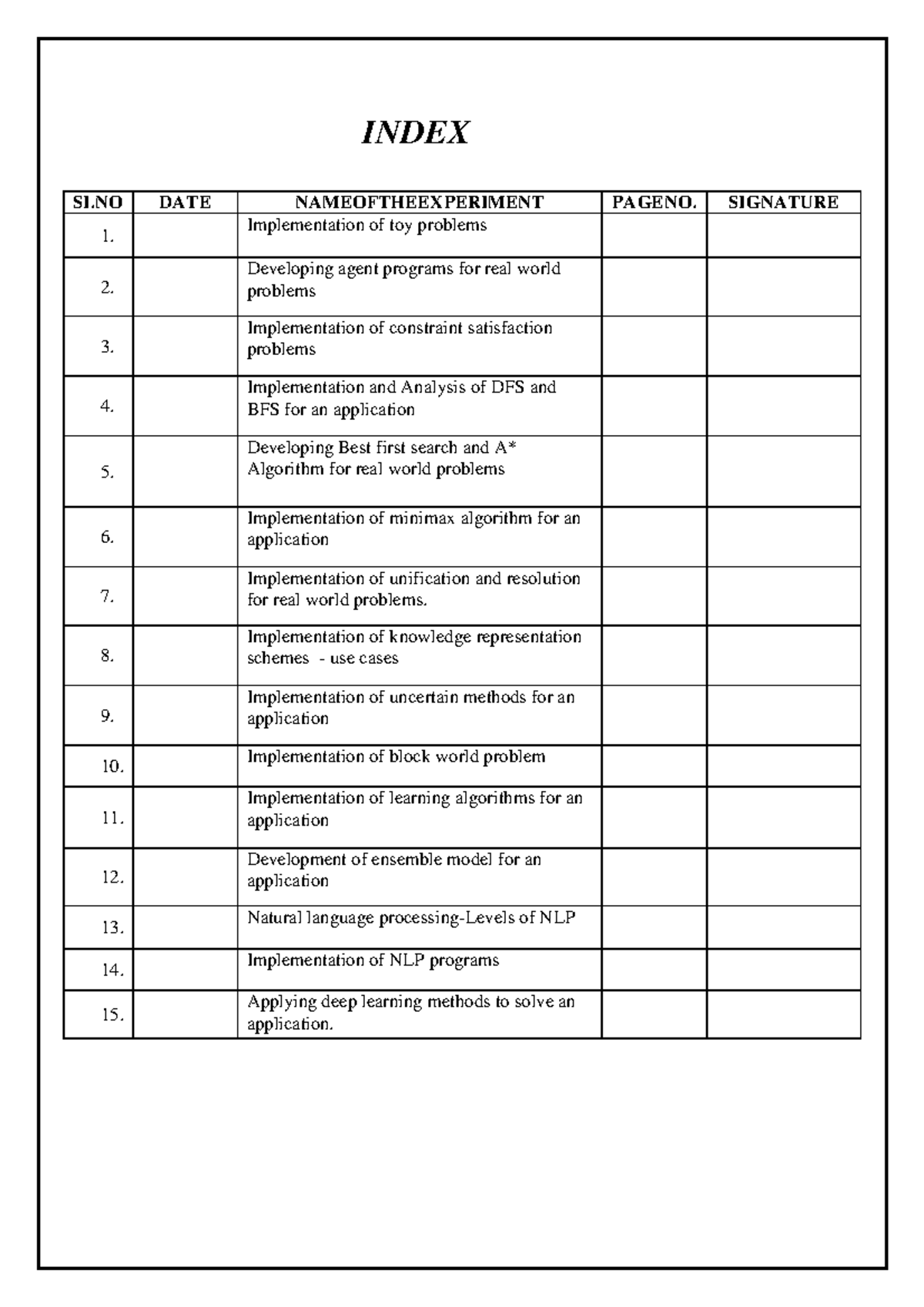 AI Index - INDEX SI DATE NAMEOFTHEEXPERIMENT PAGENO. SIGNATURE 1. Implementation of toy problems ...