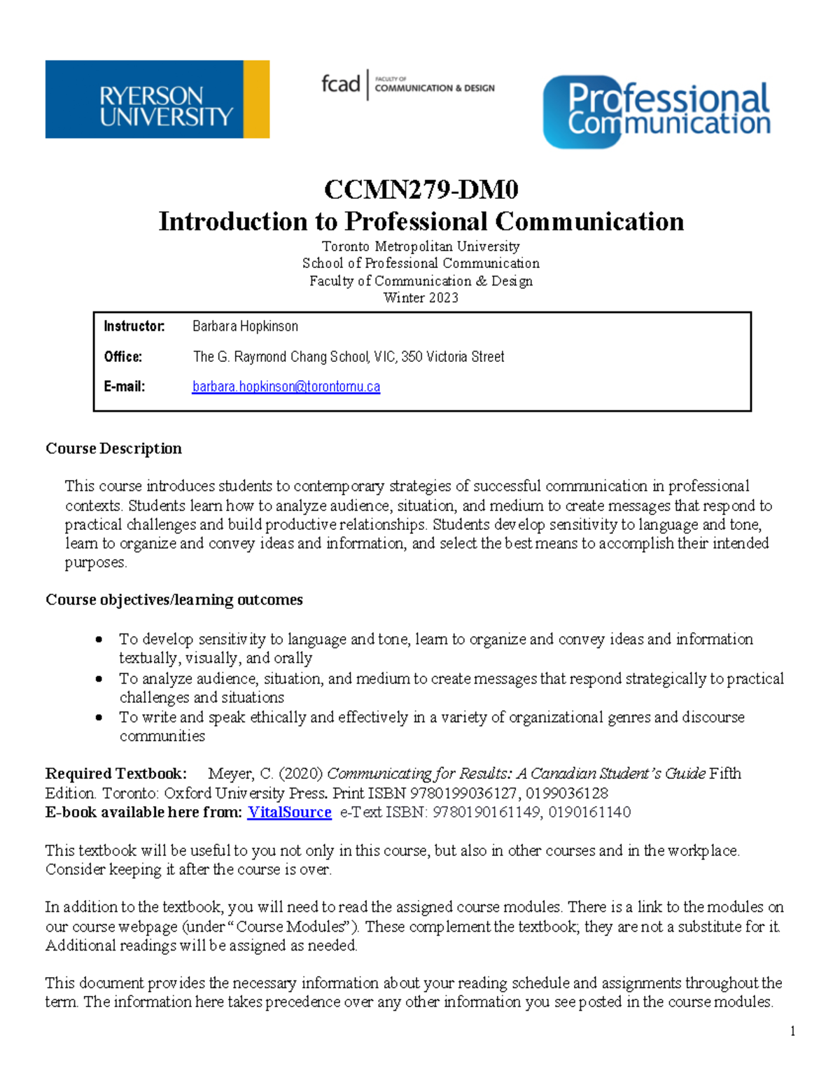 Syllabus - 1 CCMN279-DM Introduction to Professional Communication ...
