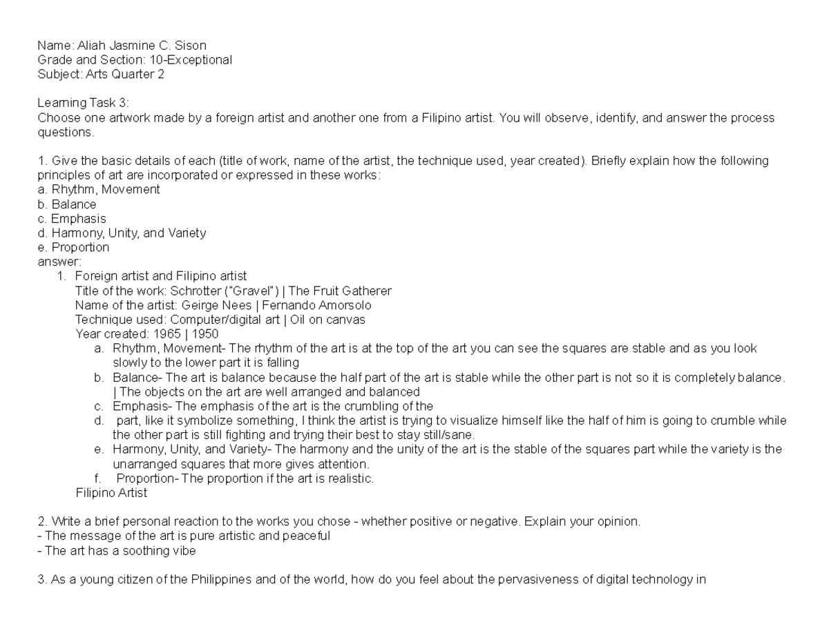 Learning TASK 3 ARTS MAPEH G10 - Name: Aliah Jasmine C. Sison Grade and ...