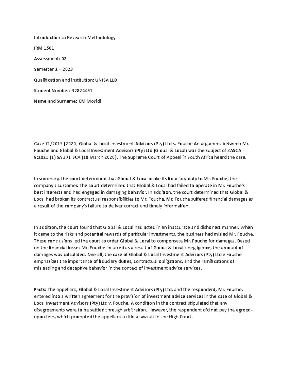 IRM Assignment CM Mosidi - Introduction to Research Methodology IRM 1501 Assessment: 02 Semester ...