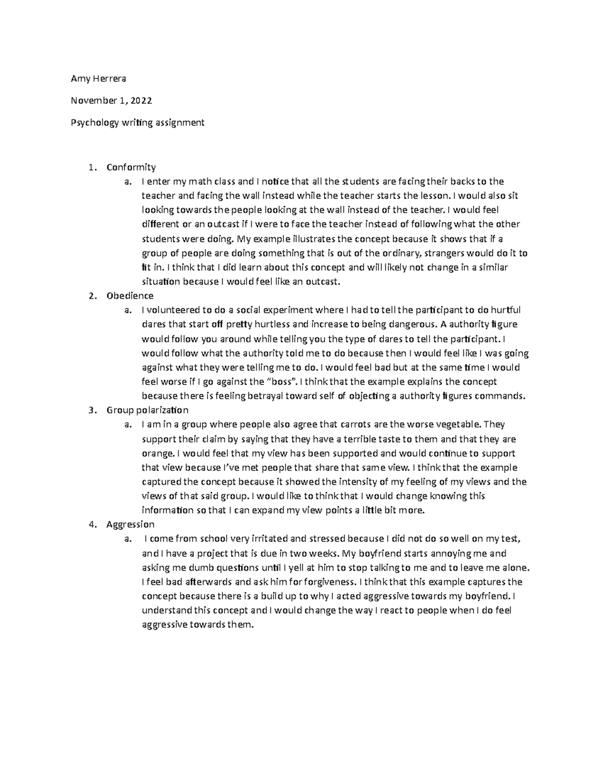 Writing Assignment 2 - Amy Herrera November 1, 2022 Psychology writing ...
