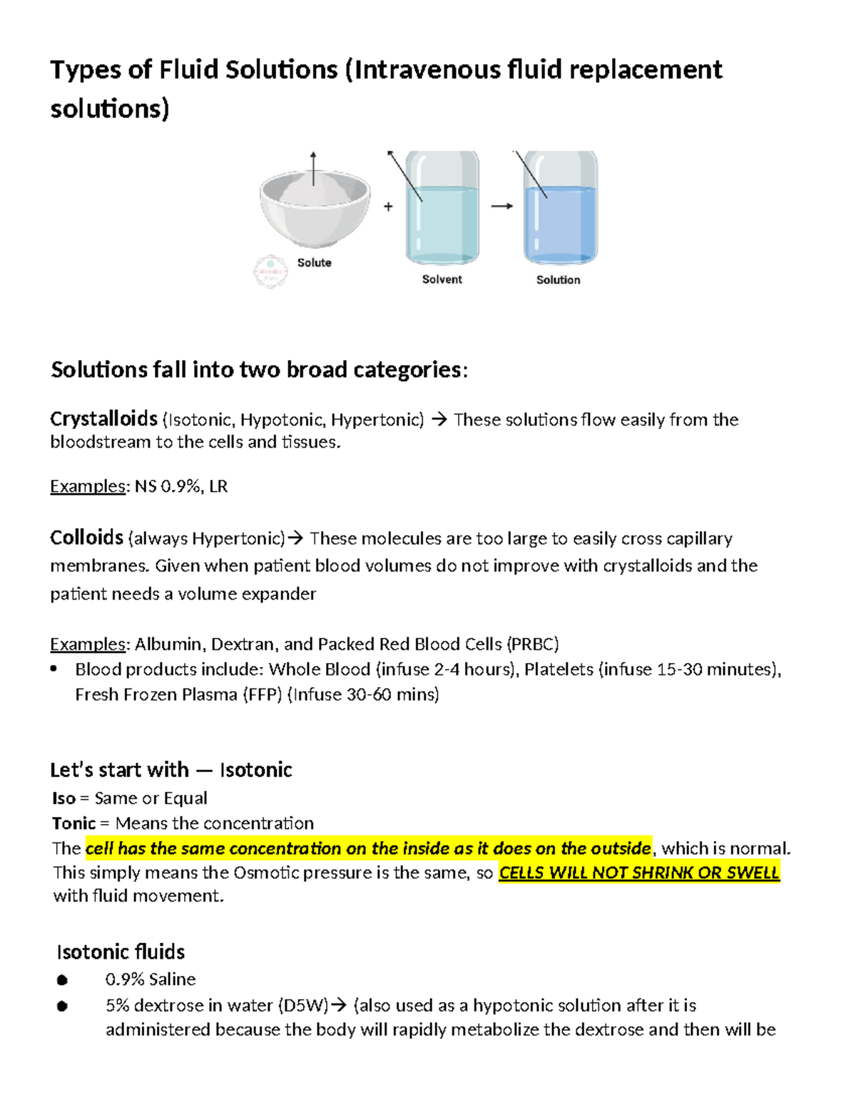 Types of Fluid Solutions - Examples: NS 0%, LR Colloids (always ...