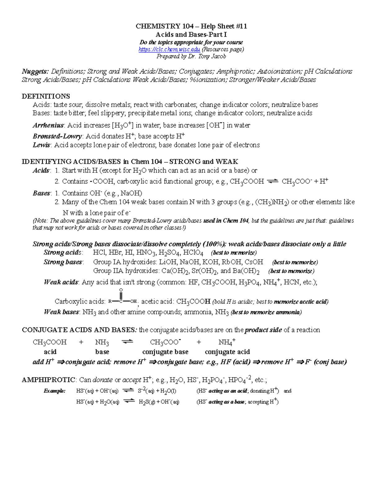 Helpsheet 11 104 - CHEMISTRY 104 – Help Sheet Acids and Bases-Part I Do ...