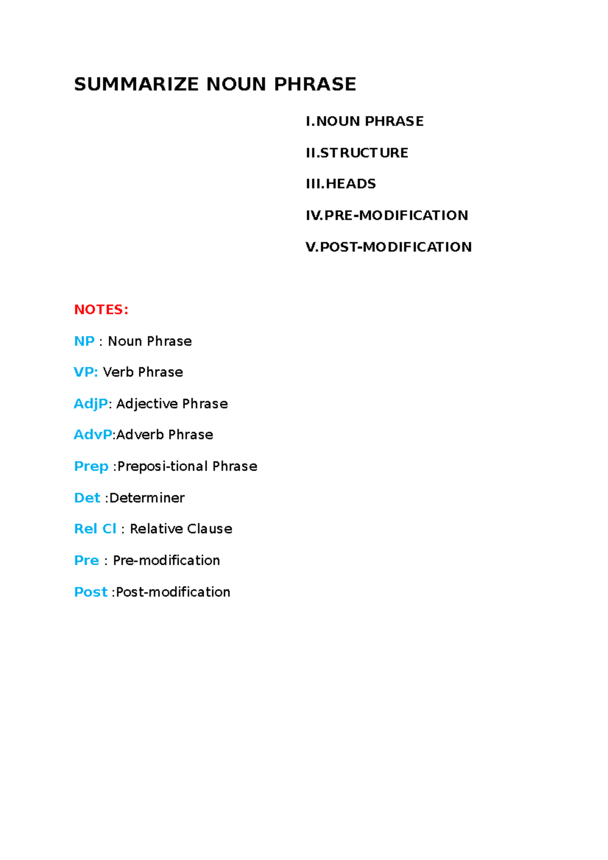 DINH NGOC THAO - syntax - SUMMARIZE NOUN PHRASE I PHRASE II III IV ...