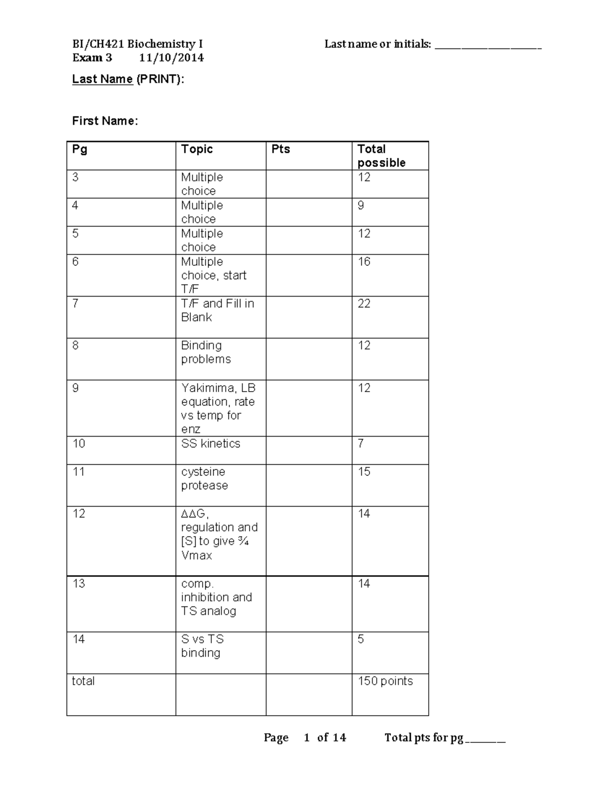 Microsoft Word - Exam3KEY 2014 - BI/CH421 Biochemistry I Last name or ...