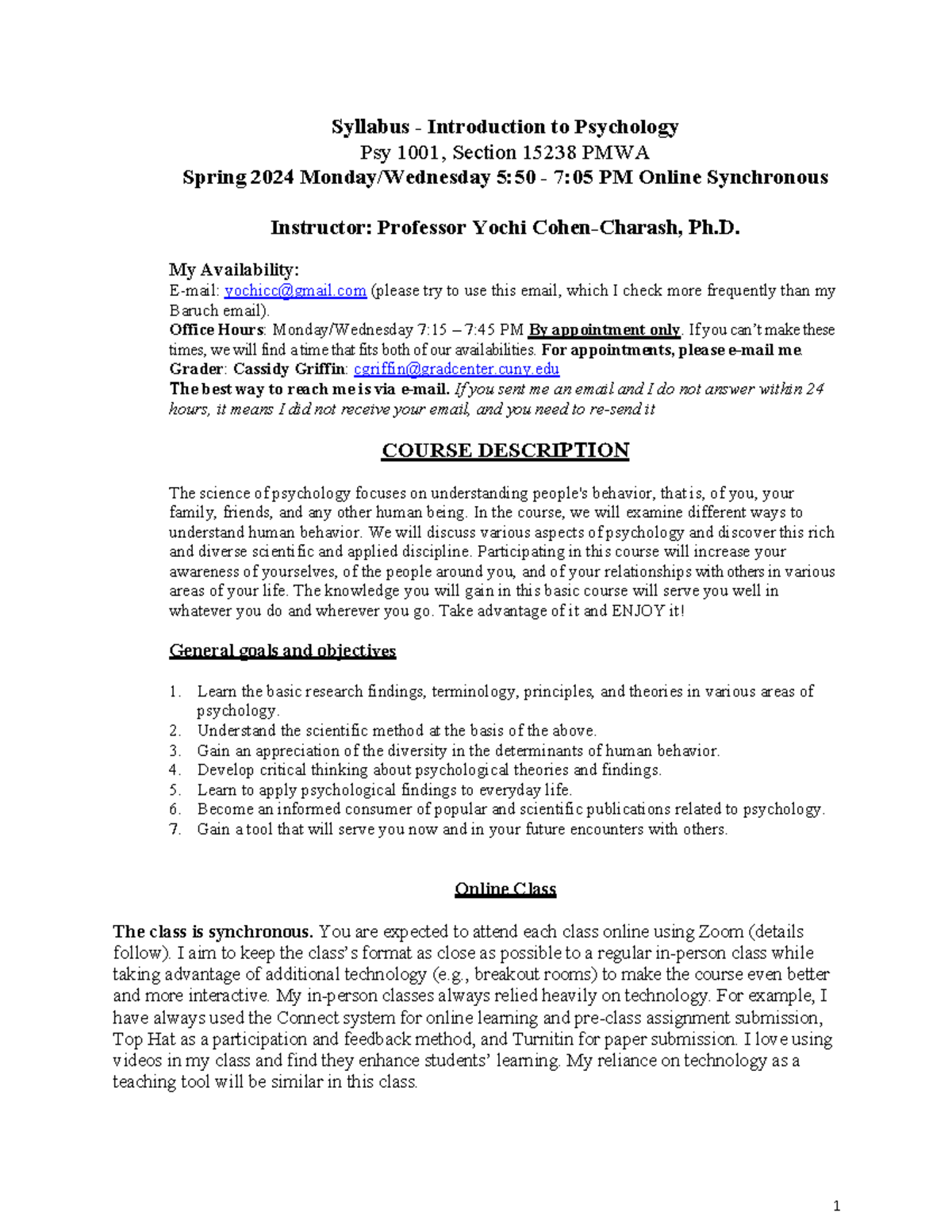 PSY 1001 Syllabus - Syllabus - Introduction to Psychology Psy 1001, Section 15238 PMWA Spring ...