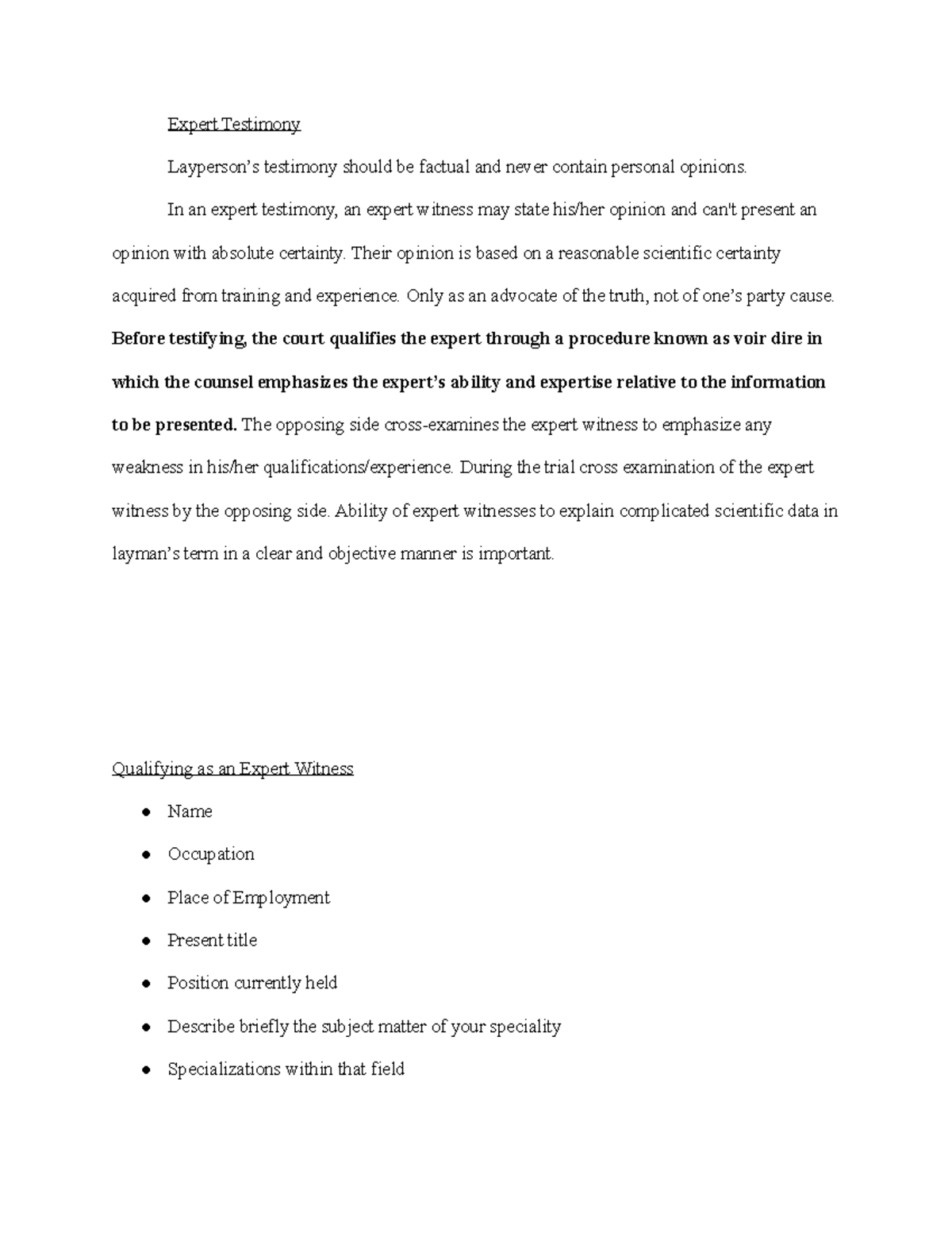 Forensic Science Notes Pg. 31 to 40 - Expert Testimony Layperson’s ...