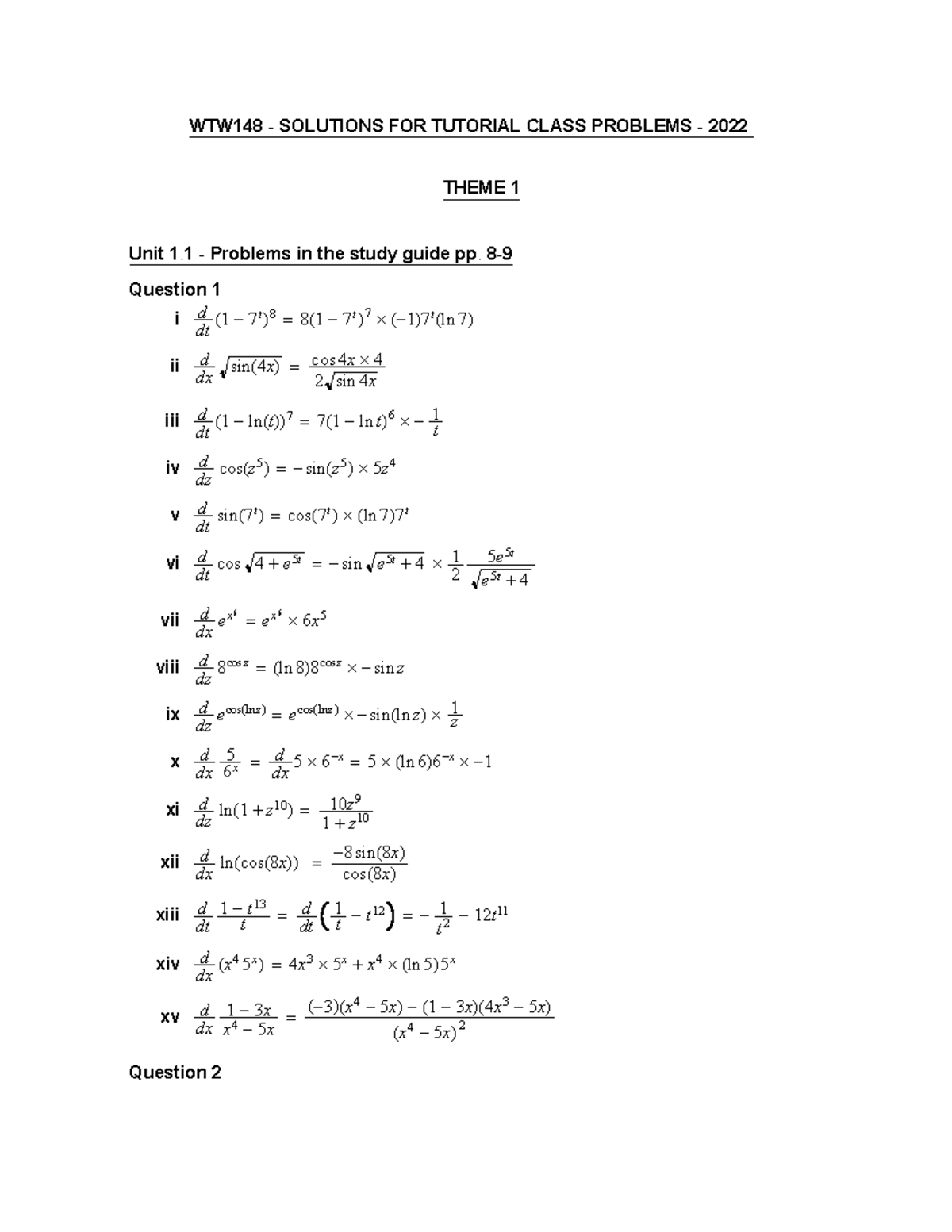 Wtw 148 Memo For Week 1 Tutorial Session Problems 2022 Wtw148 Solutions For Tutorial Class