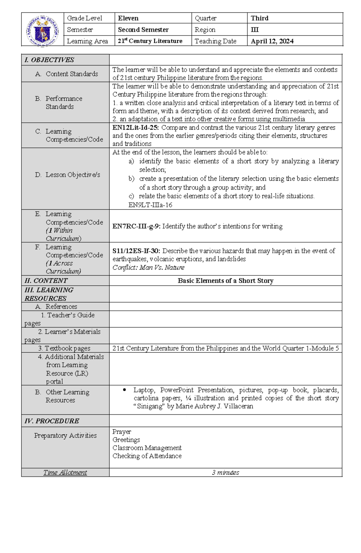 SHS 21st Lesson Plan - 21st Century Literature - Semester Second Semester Region III Learning ...