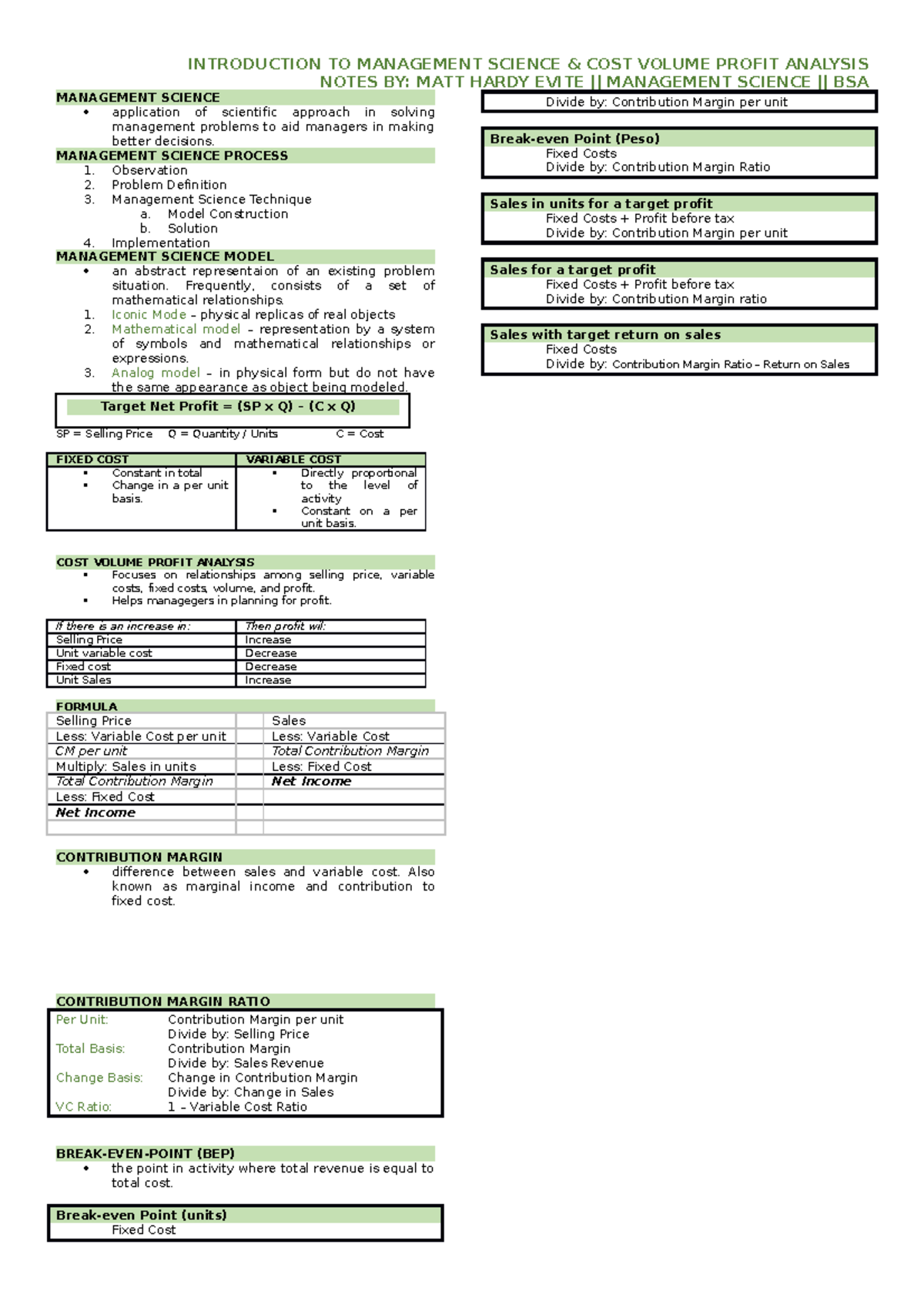 Mansci Notes INTO TO CVP - INTRODUCTION TO MANAGEMENT SCIENCE & COST ...