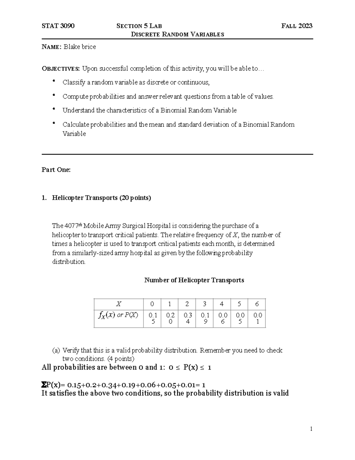 Section 5 Lab-blake brice - D ISCRETE R ANDOM V ARIABLES N AME: Blake ...
