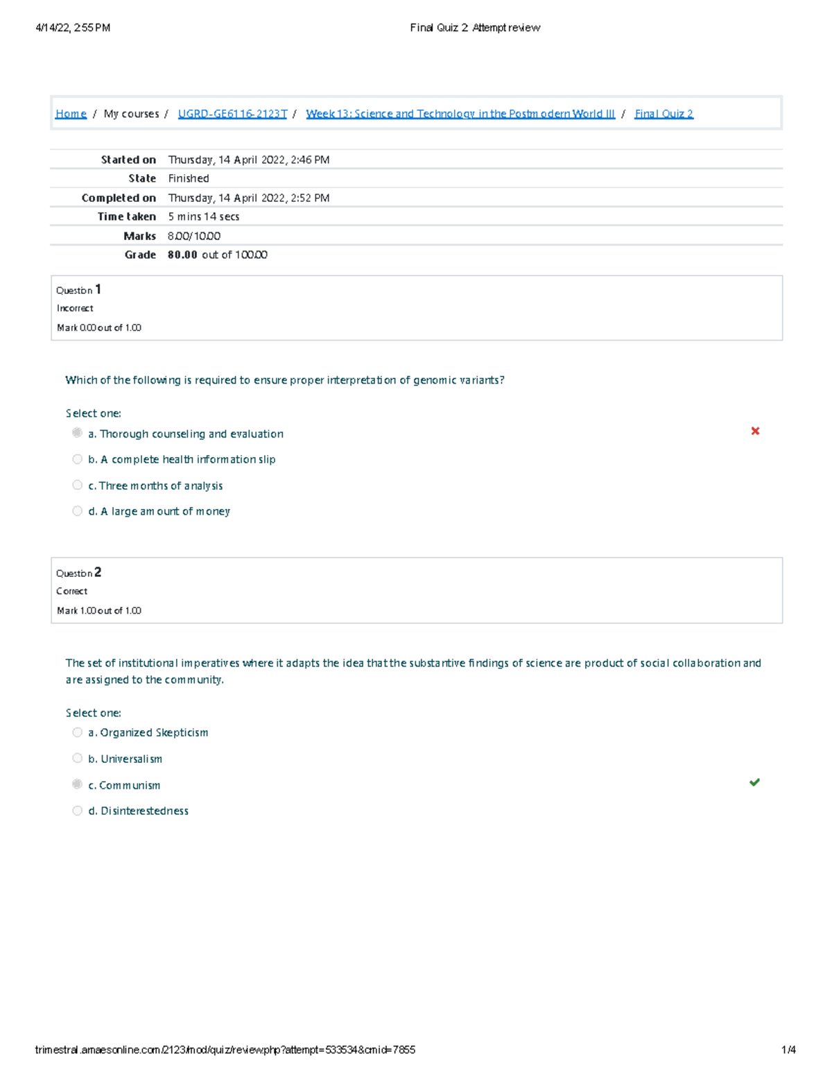 Final Quiz 2 Science, Technology, and Society - Home/My courses/ UGRD ...