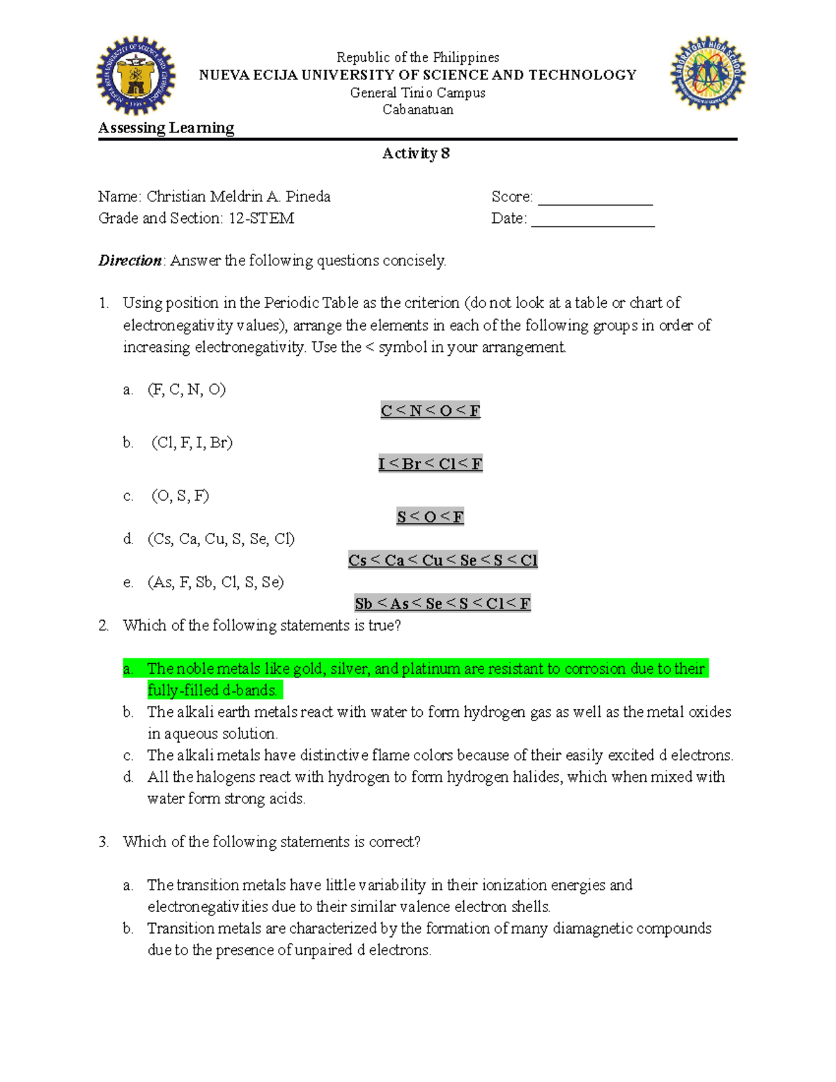 Unit 7 Assessing - Activity - Republic of the Philippines NUEVA ECIJA ...