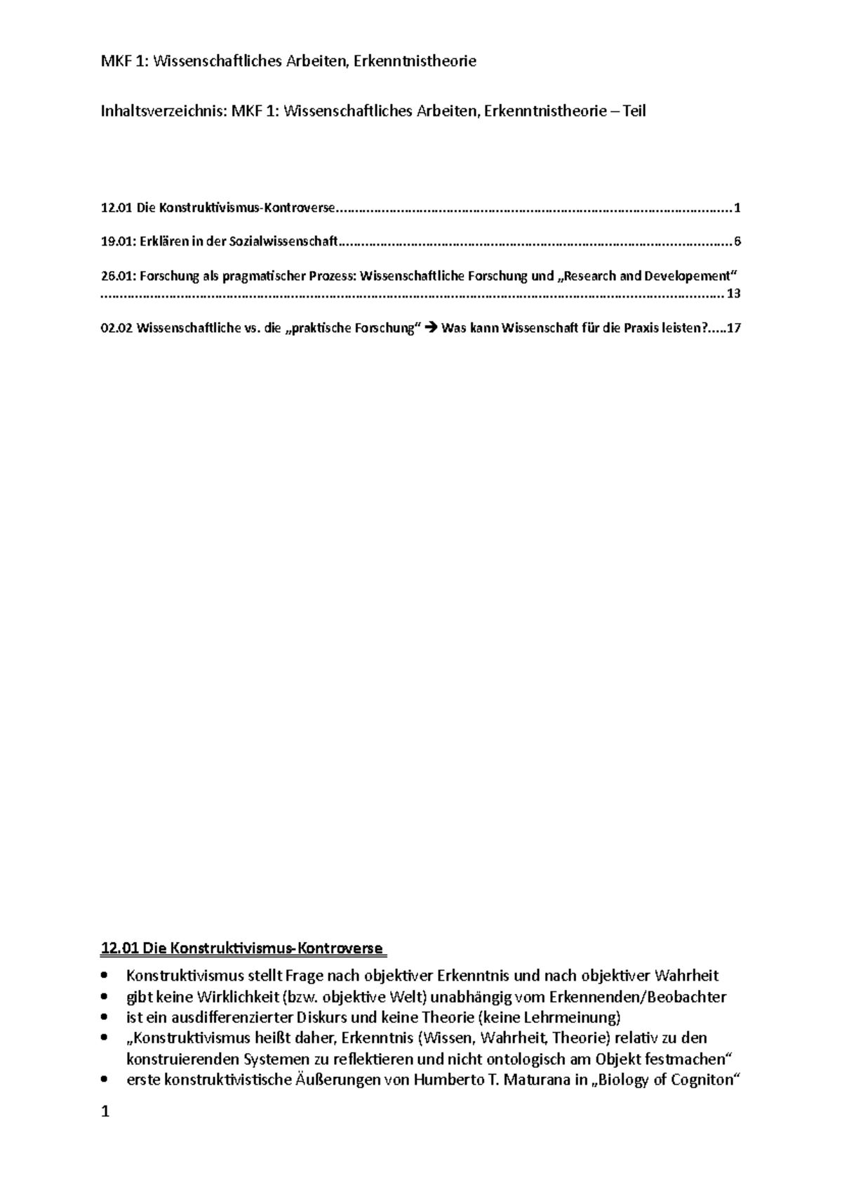 Zsmfsg MKF 1- Wissenschaftliches Arbeiten, Erkenntnistheorie 3 - Inhaltsverzeichnis: MKF 1 ...