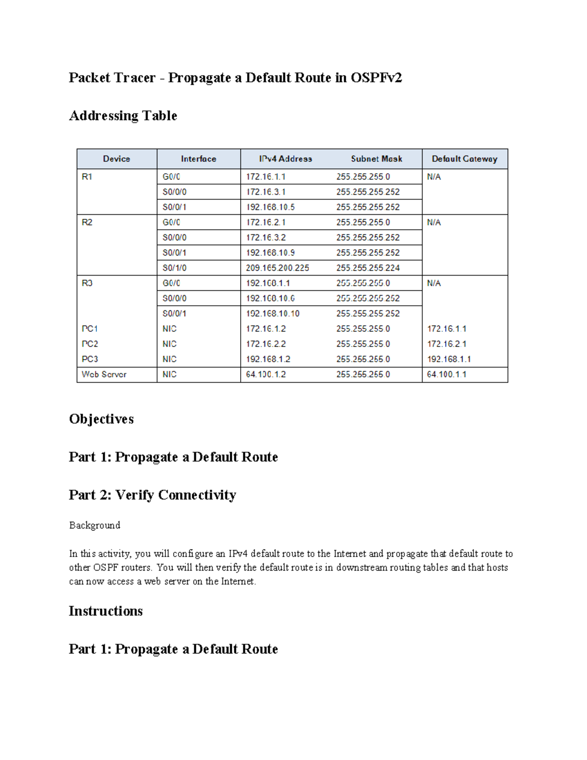Untitled document - Packet Tracer - Propagate a Default Route in OSPFv ...