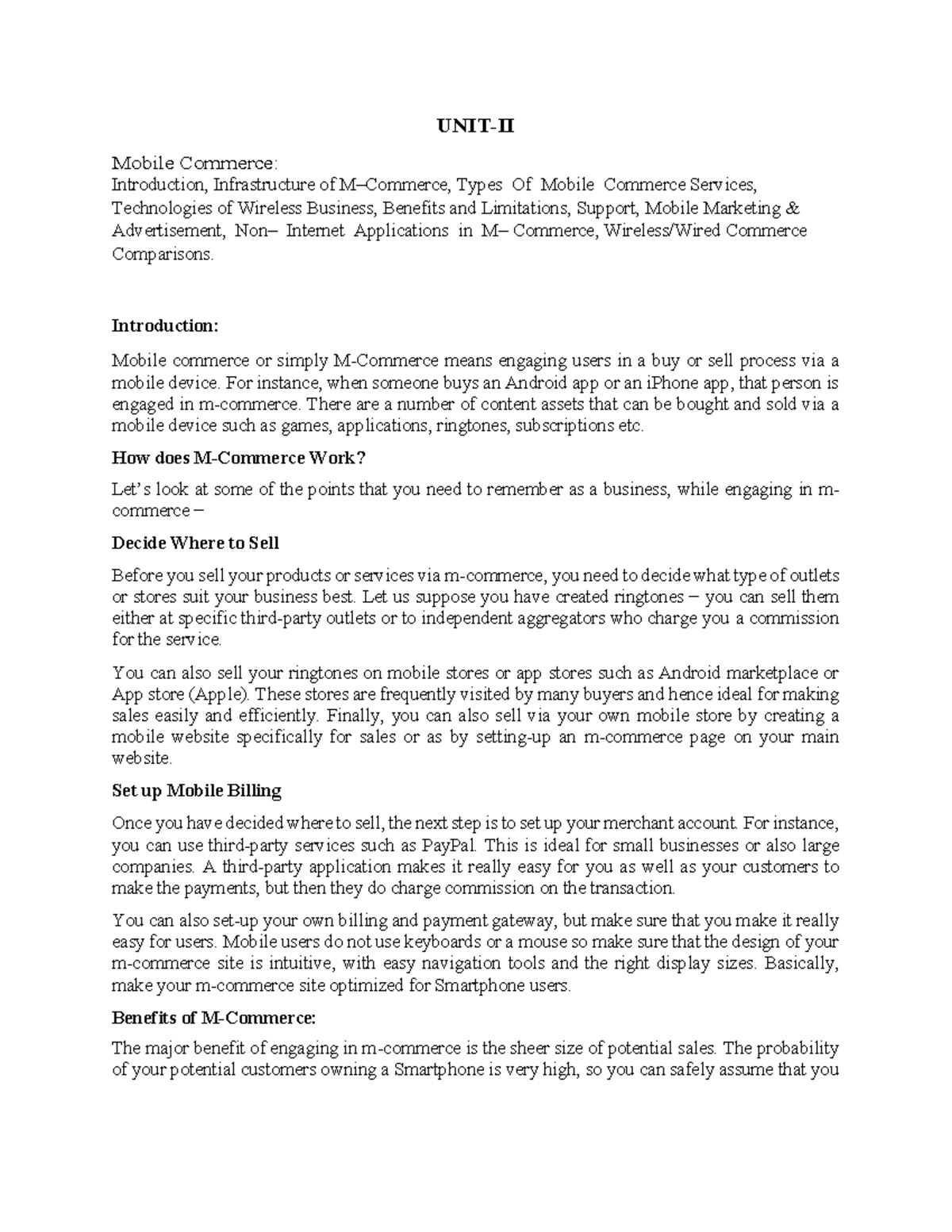 UNIT-II - UNIT-II Mobile Commerce: Introduction, Infrastructure of M ...