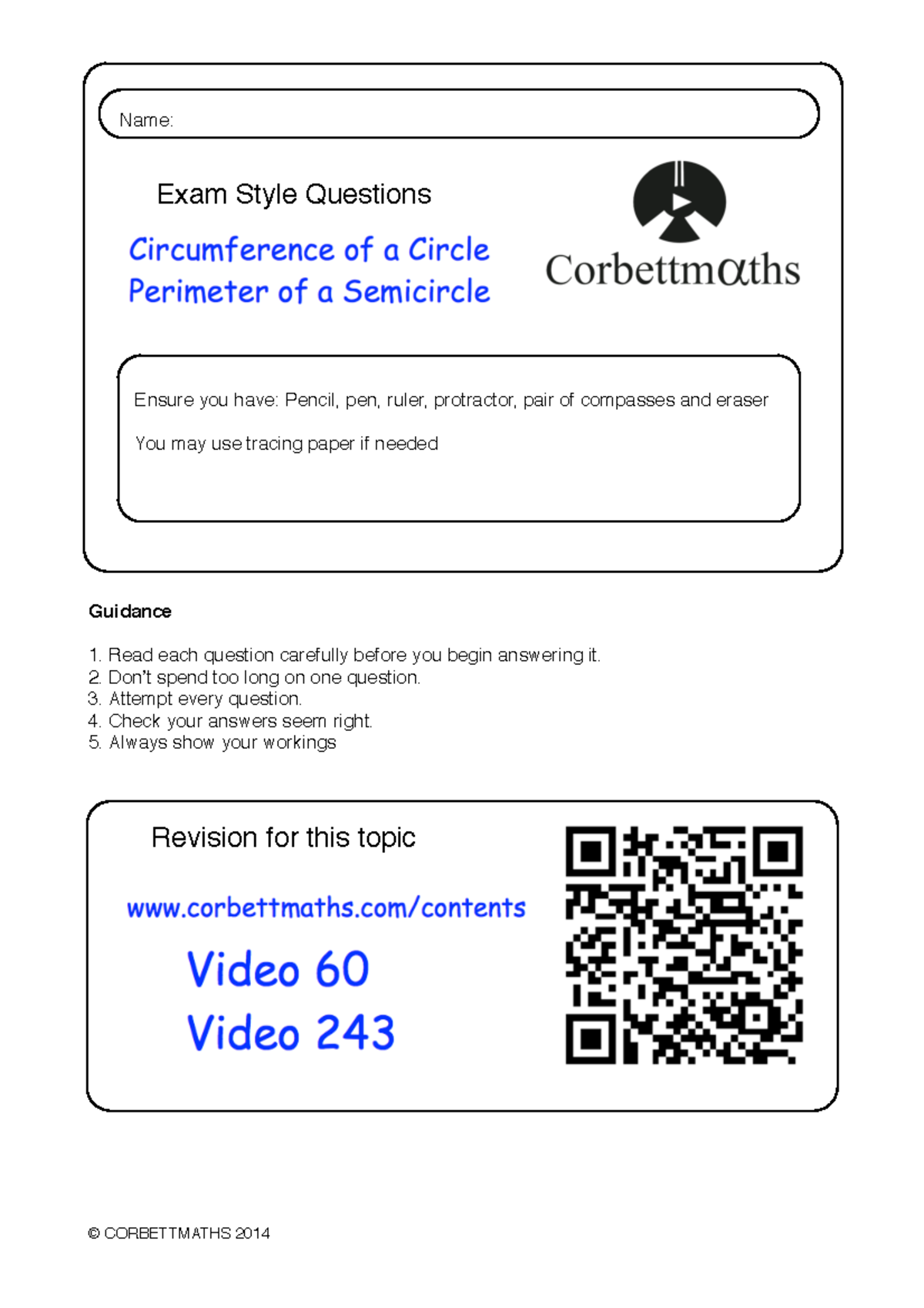 Circumference-pdf - Name: Exam Style Questions Ensure you have: Pencil ...
