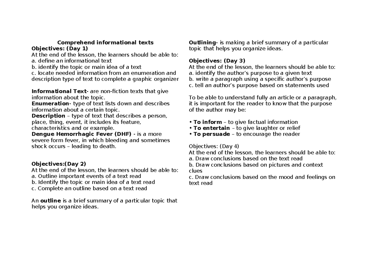 English 4 (Notes) - Comprehend informational texts Objectives: (Day 1 ...