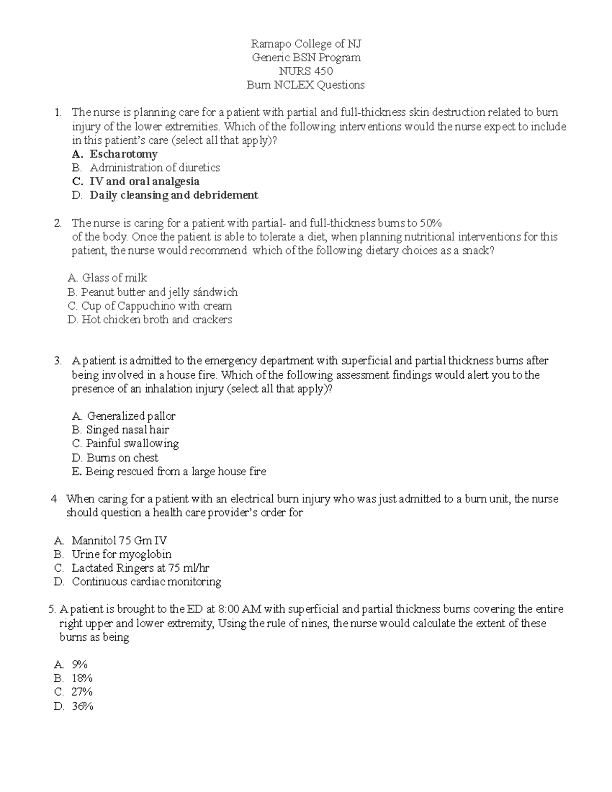 Burn Nclex Questions - Pedes - Ramapo College of NJ Generic BSN Program ...