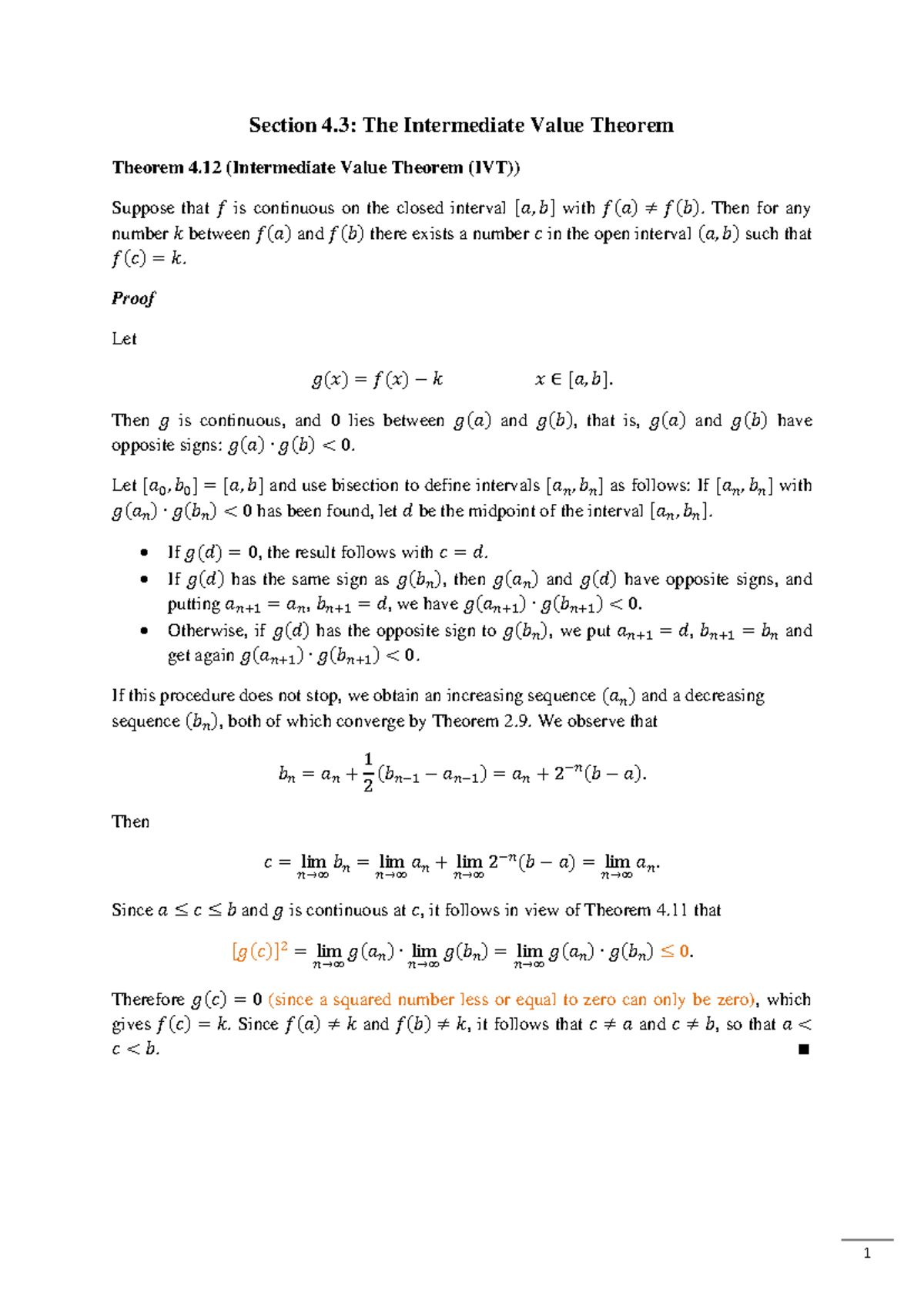 Proofs Of Section 4 Section 4 The Intermediate Value Theorem Theorem 4 Intermediate Value