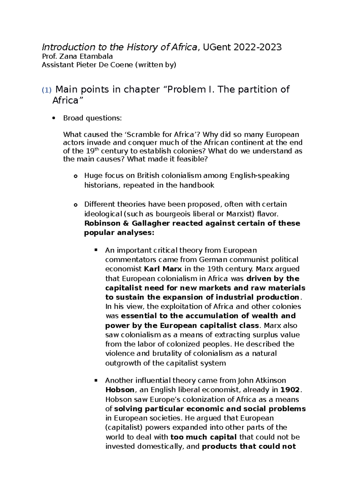 Main points in chapter Problem I. The partition of Africa - Global ...