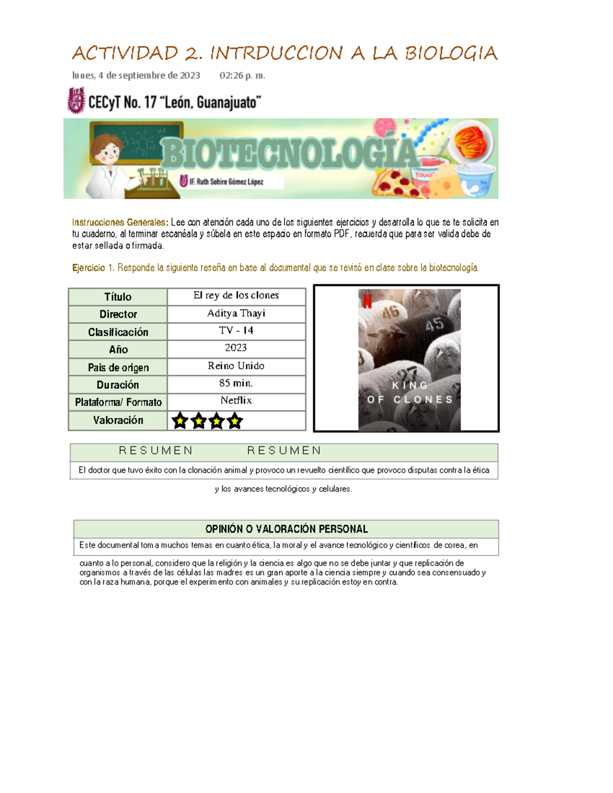 Actividad 1. Introducción a la biotecnología - Título El rey de los ...