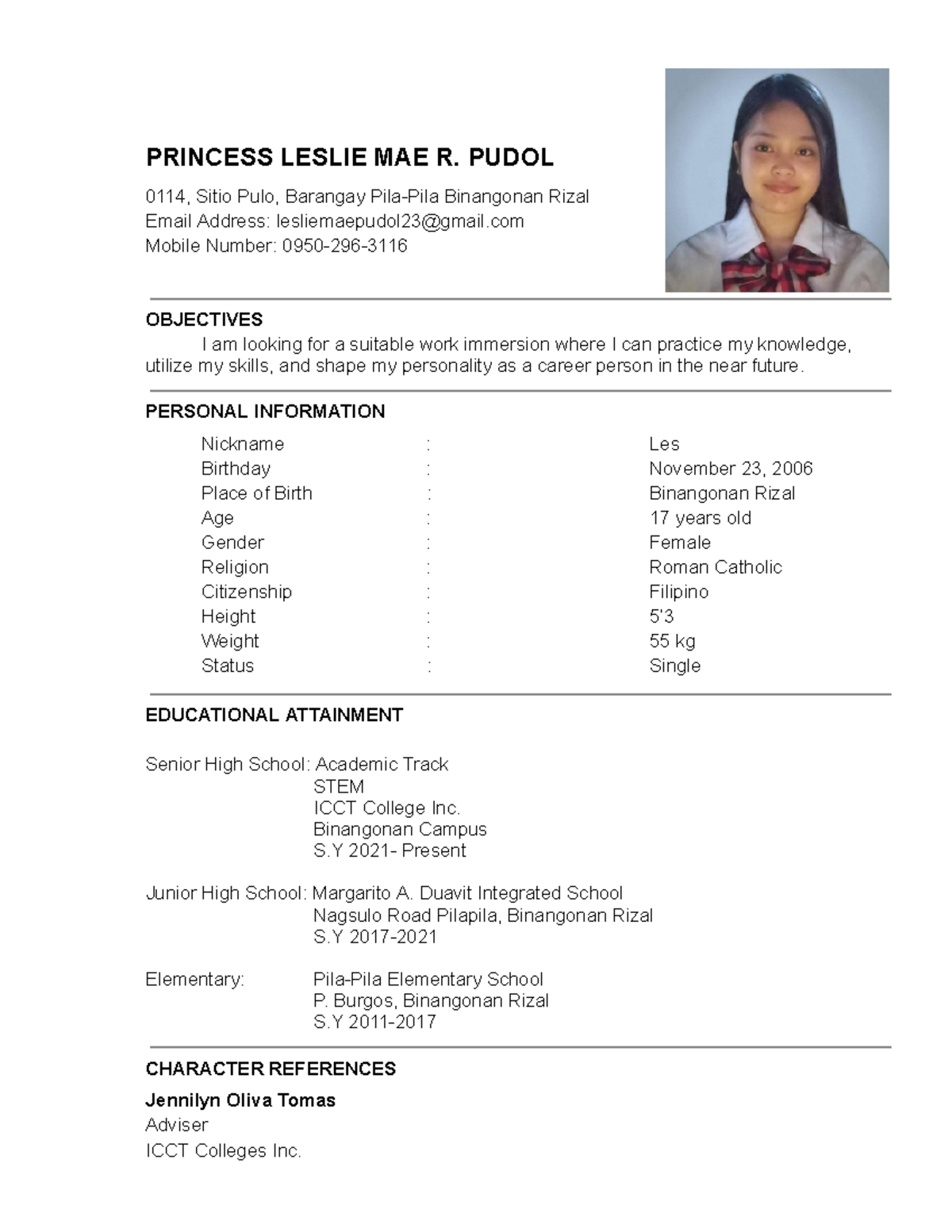 Copy of Sample Resume - fggh - PRINCESS LESLIE MAE R. PUDOL 0114, Sitio ...