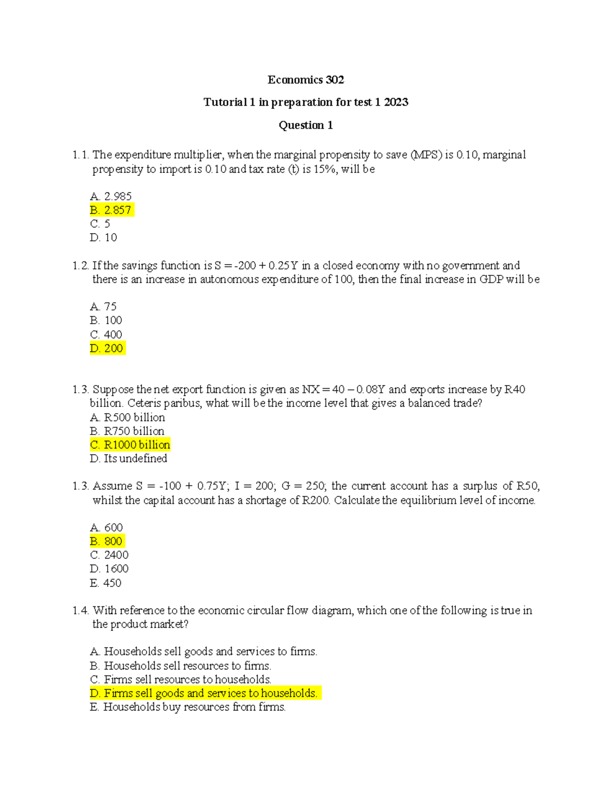 Tutorial 1 memo - Memorandum of practice material above - Economics 302 ...