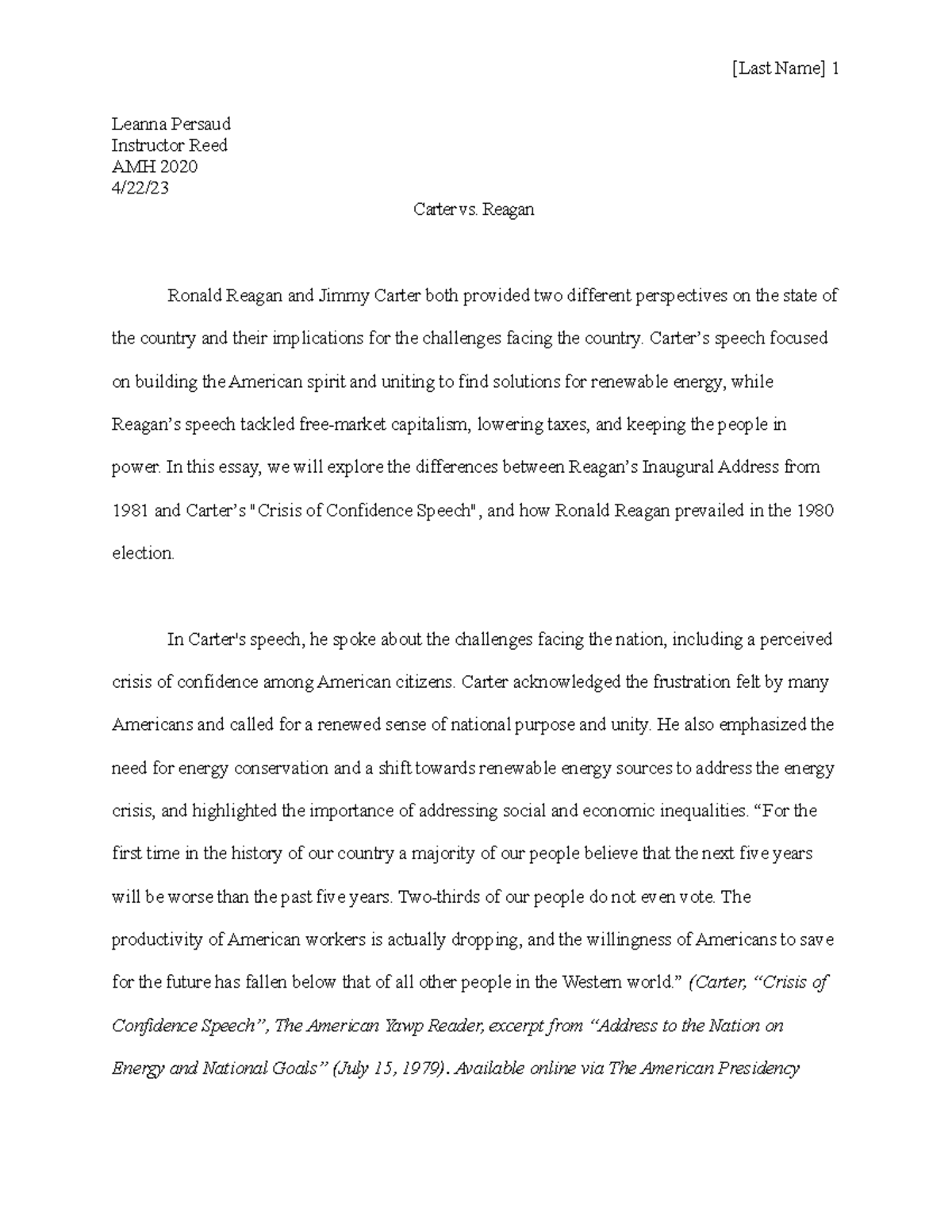 Carter VS Reagan: Comparing their speeches and why Reagan was ...