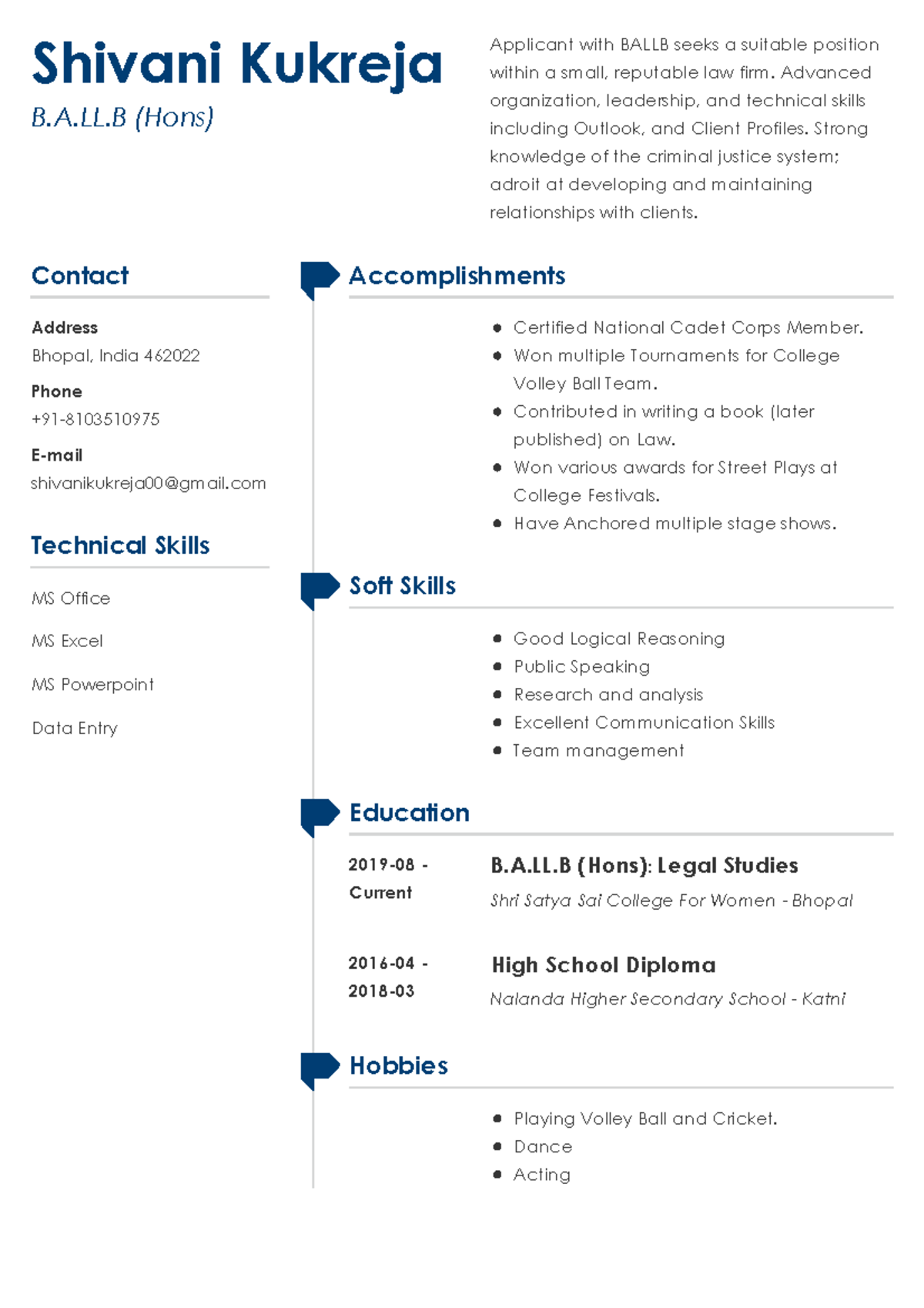 Shivani Kukreja Resume - B.A.LL (Hons) Shivani Kukreja Applicant with ...