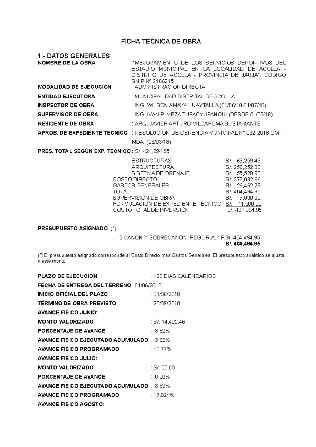 1. Ficha Tecnica Ampliacion DE Plazo - FICHA TECNICA DE OBRA 1.- DATOS ...