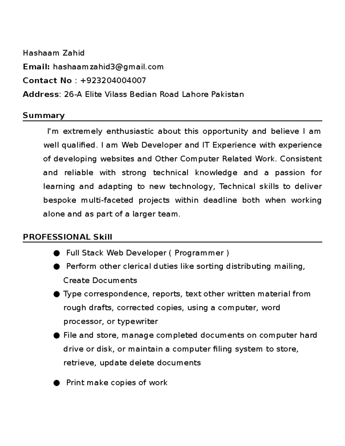 Cv - ddd - Hashaam Zahid Email: hashaamzahid3@gmail Contact No ...