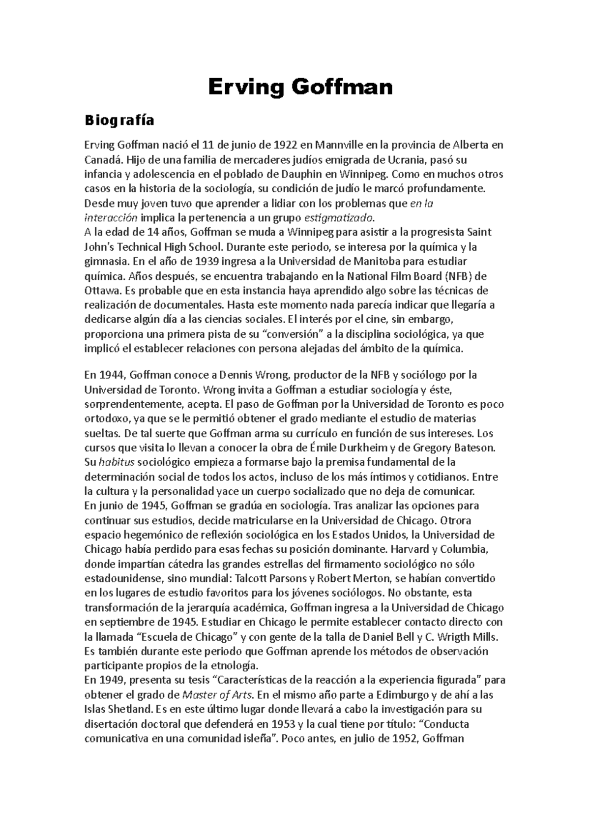 Erving Goffman - hola - Erving Goffman Biografía Erving Goffman nació ...