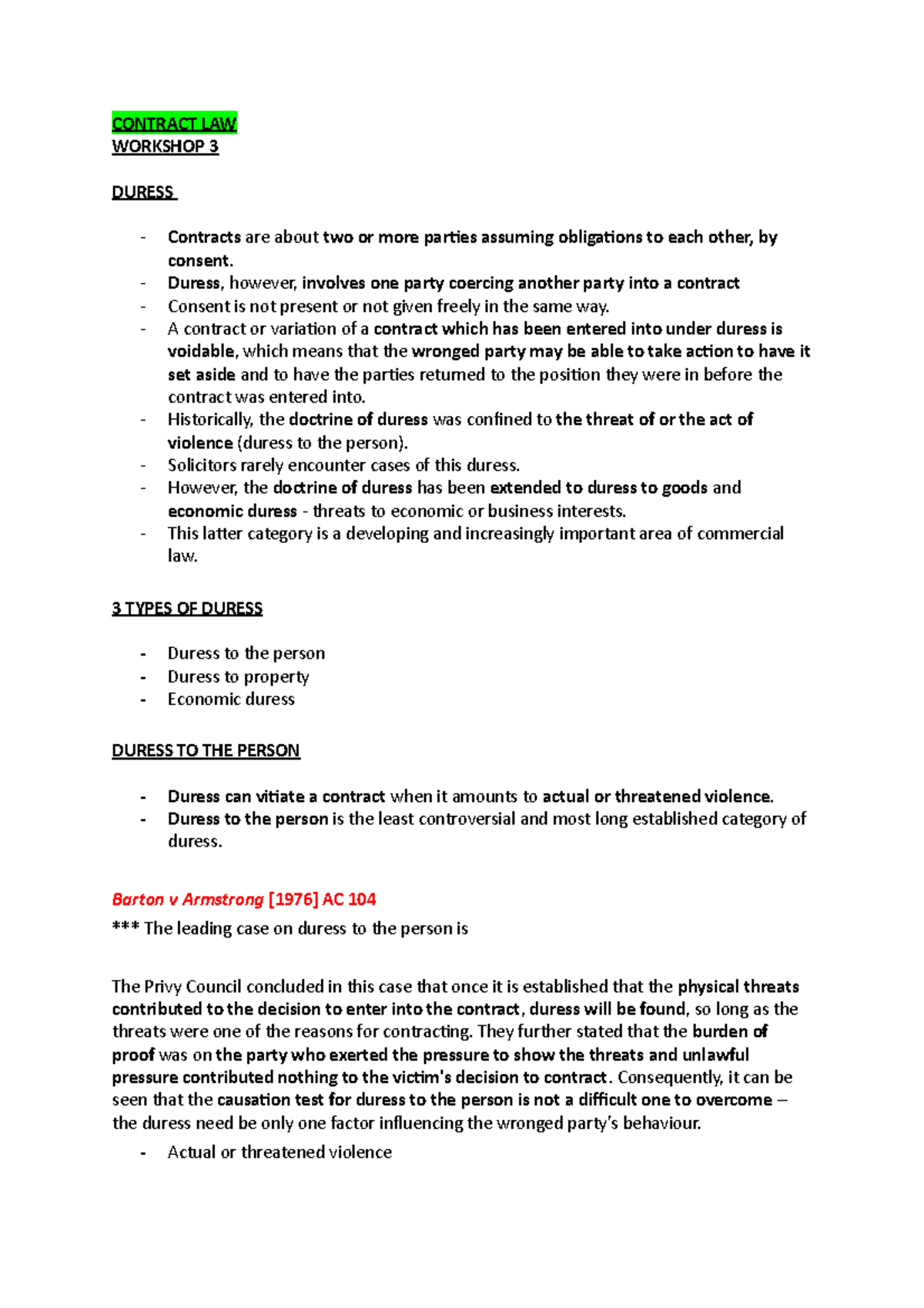 Duress - CONTRACT LAW WORKSHOP 3 DURESS Contracts are about two or more ...