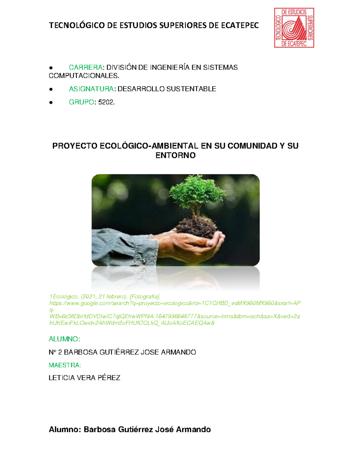 Proyecto Ecológico- Ambiental EN SU Comunidad Y SU Entorno - CARRERA ...