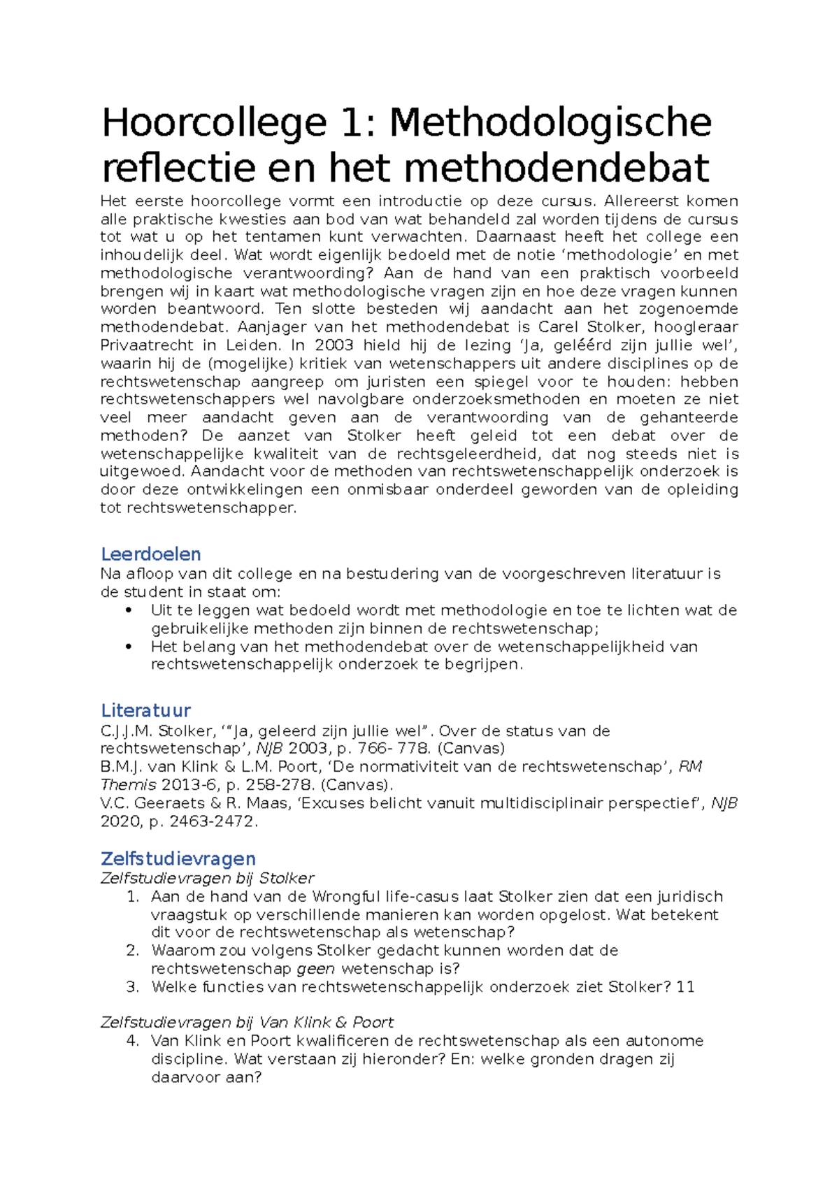 Week 1 Methodologische reflectie en het methodendebat - Hoorcollege 1 ...