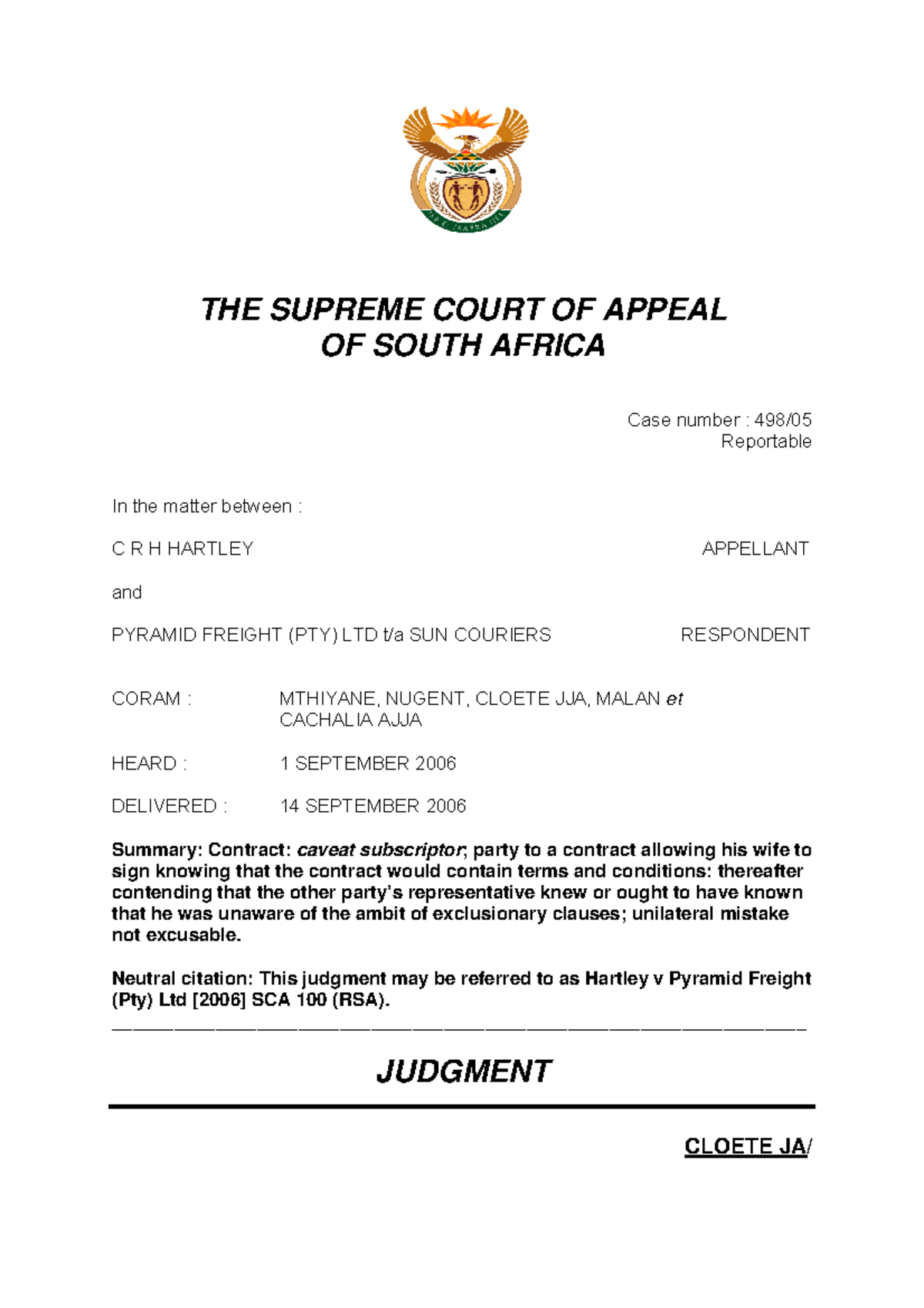 Caveat Subscriptor case - THE SUPREME COURT OF APPEAL OF SOUTH AFRICA ...