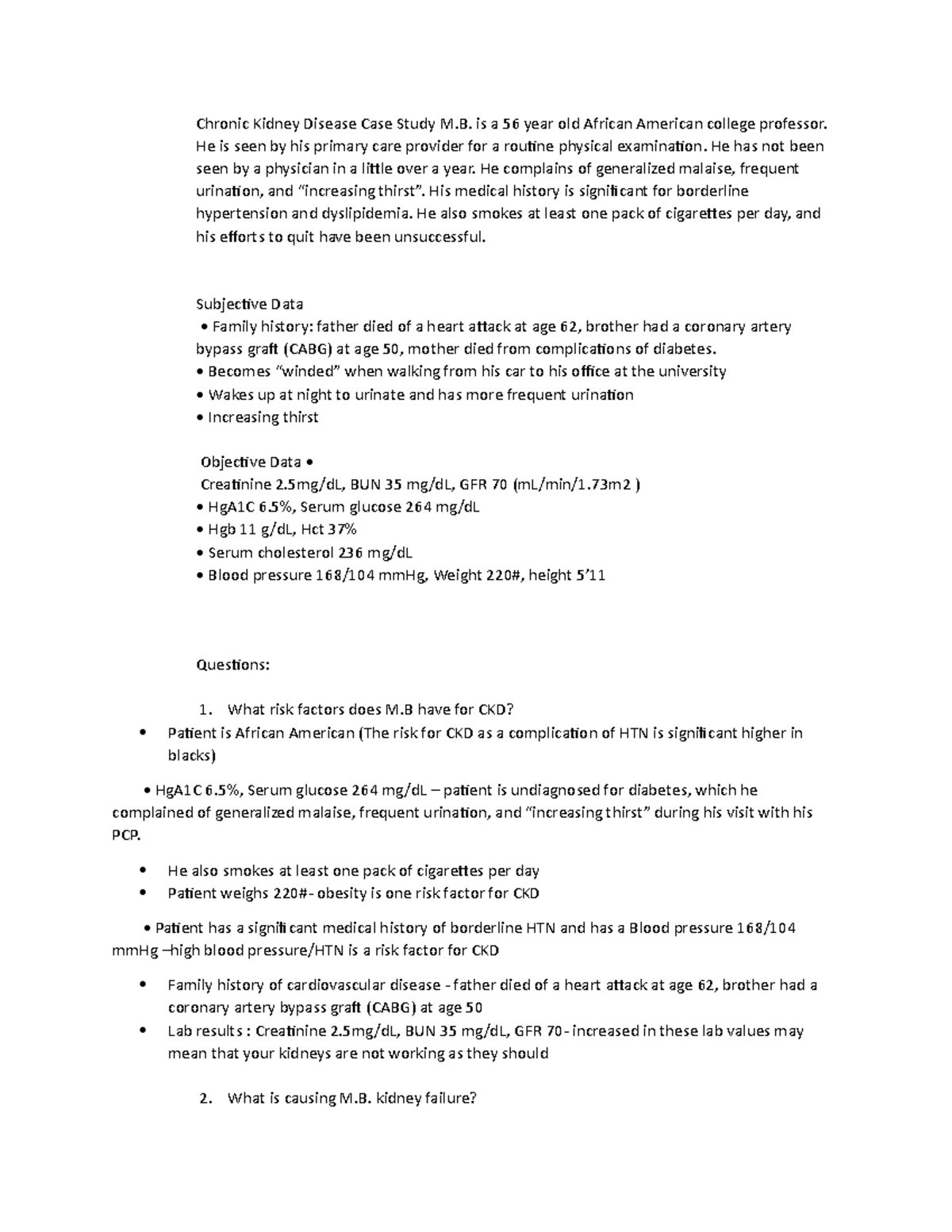CKD - case study - Chronic Kidney Disease Case Study M. is a 56 year ...