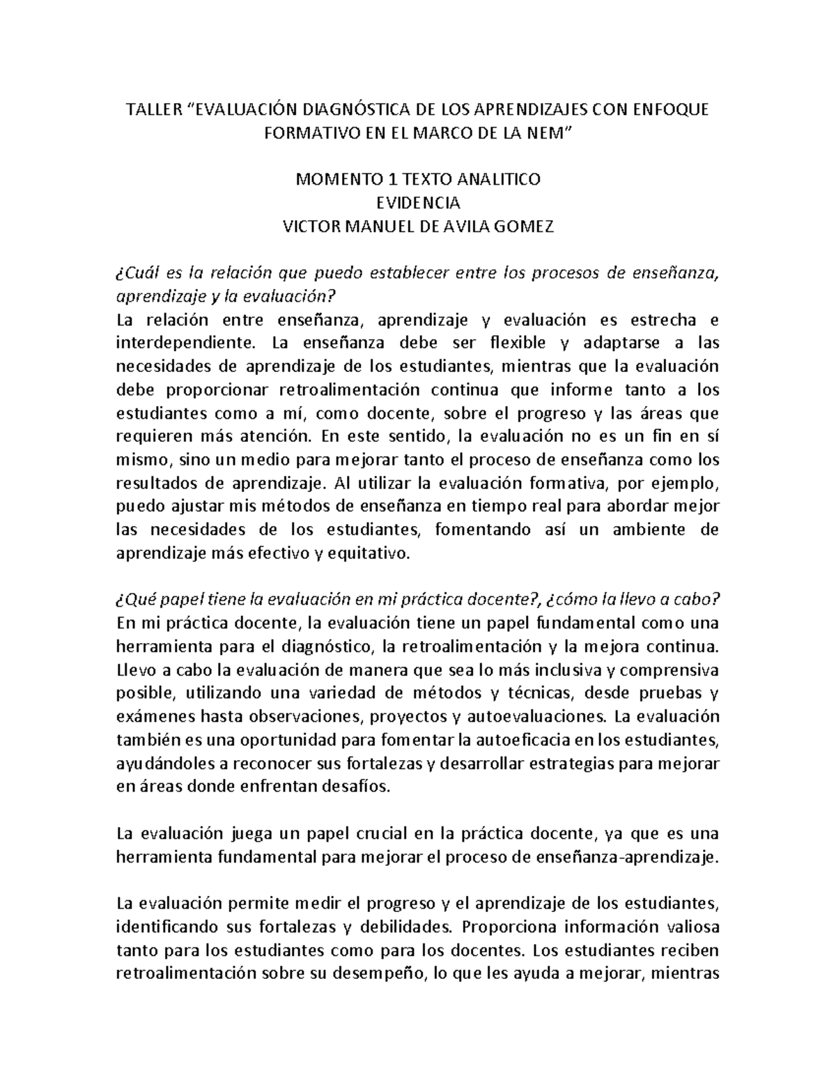 Evidencia Momento 1 - TALLER “EVALUACIÓN DIAGNÓSTICA DE LOS ...