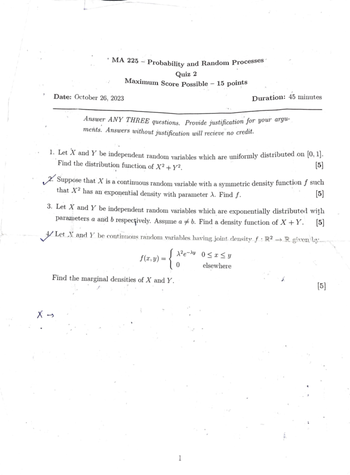 Probability quiz 2 - yes - ' MA 225 - Probability and Rando p~~ocesses ...