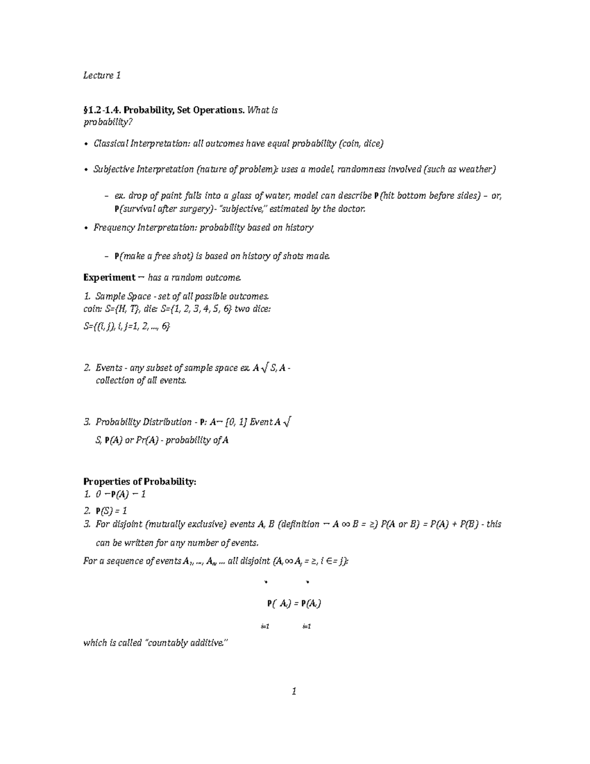 Set of Operations - Lecture 1 §1.2-1. Probability, Set Operations. What ...