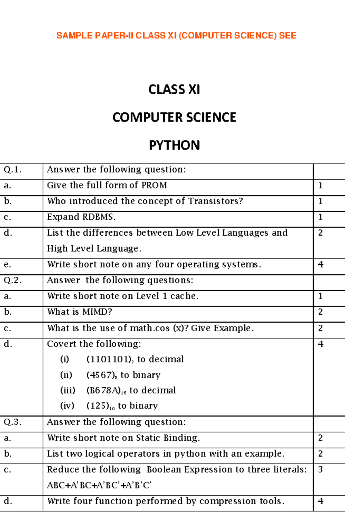 Sample Paper-II Class XI ( Computer Science) SEE WITH Answer 0 - SAMPLE PAPER-II CLASS XI ...