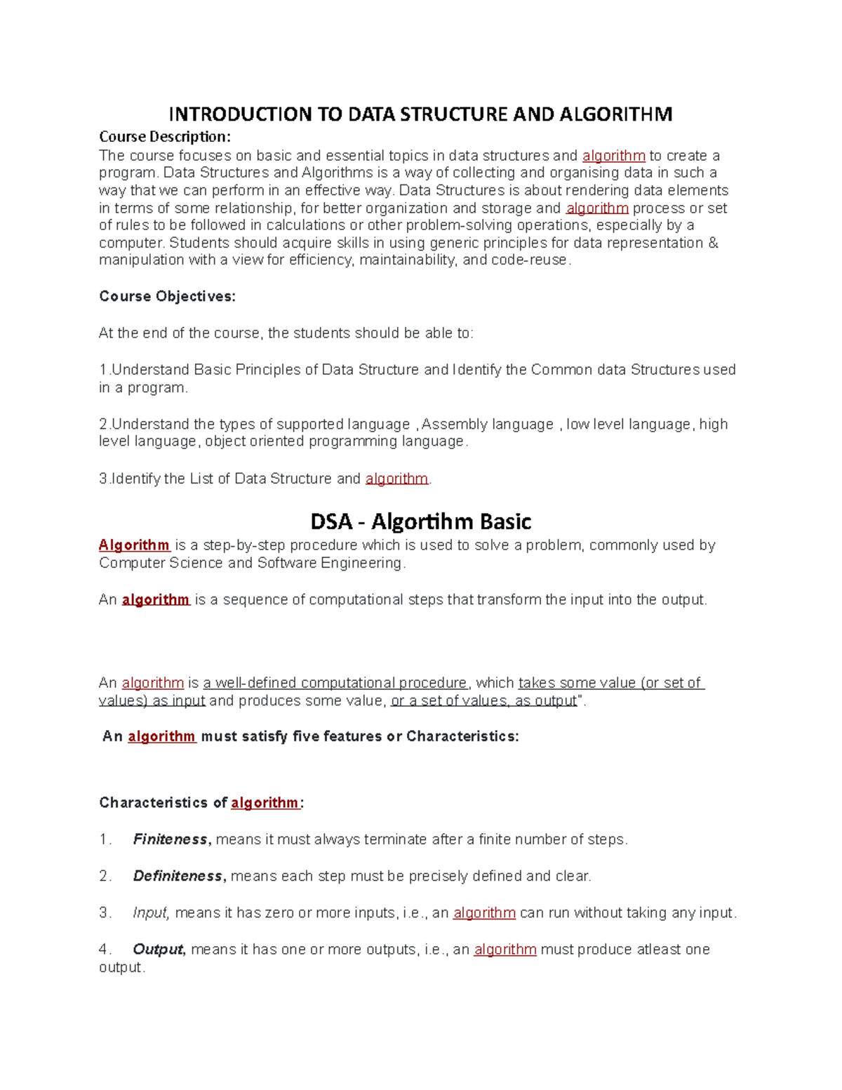 Introduction TO DATA Structure AND Algorithm - BS Agriculture - Studocu