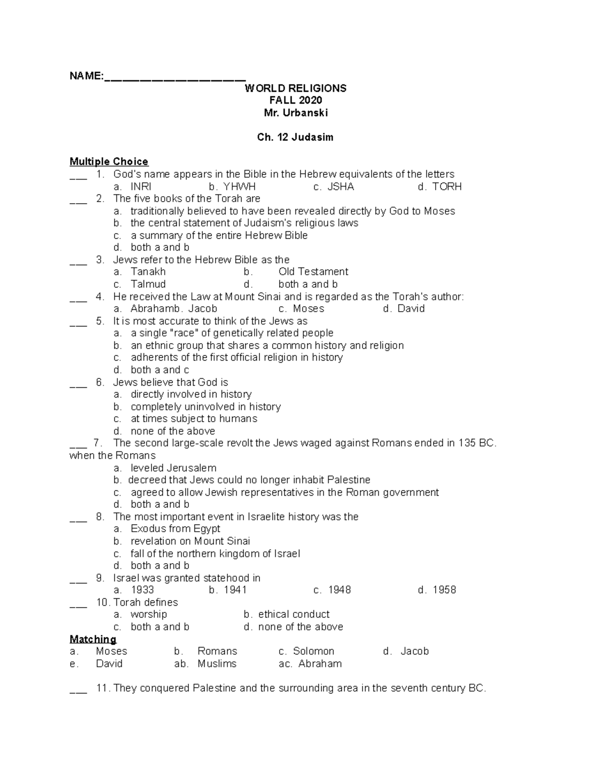 WR-Ch 12 Judaism Test 153-01 2020 - NAME:________________________ WORLD ...