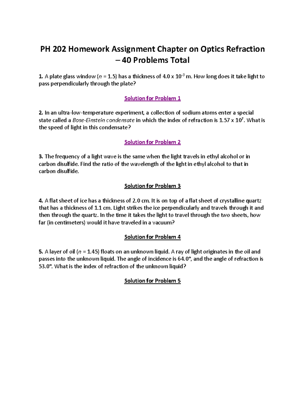 Ph202 Hwcholass - PRATICAL WORK EXAMPLE - PH 202 Homework Assignment Chapter on Optics ...