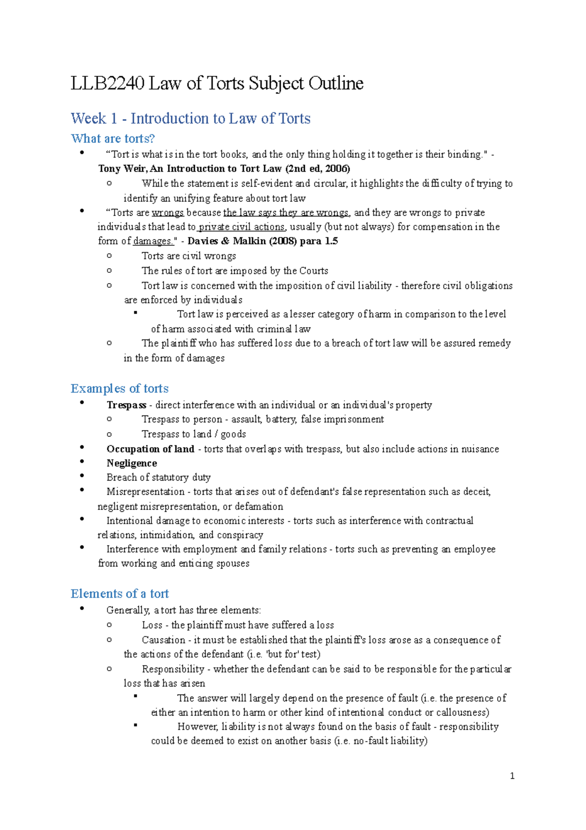 LLB2240 Law of Torts - " - Tony Weir, An Introduction to Tort Law (2nd ...