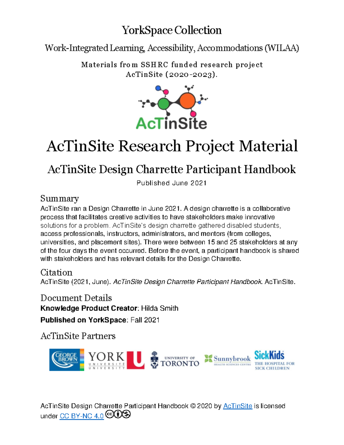 Actinsite Design Charrette Participants Handbook - YorkSpace Collection ####### Work-Integrated ...