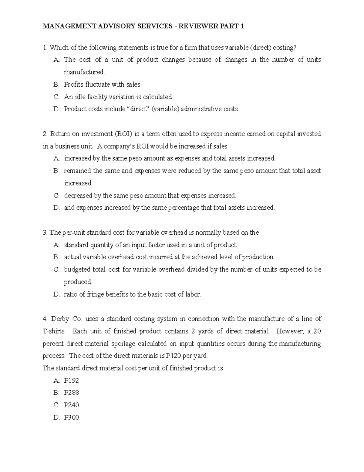 Management Advisory Services - Reviewer Part 1 - Which of the following ...