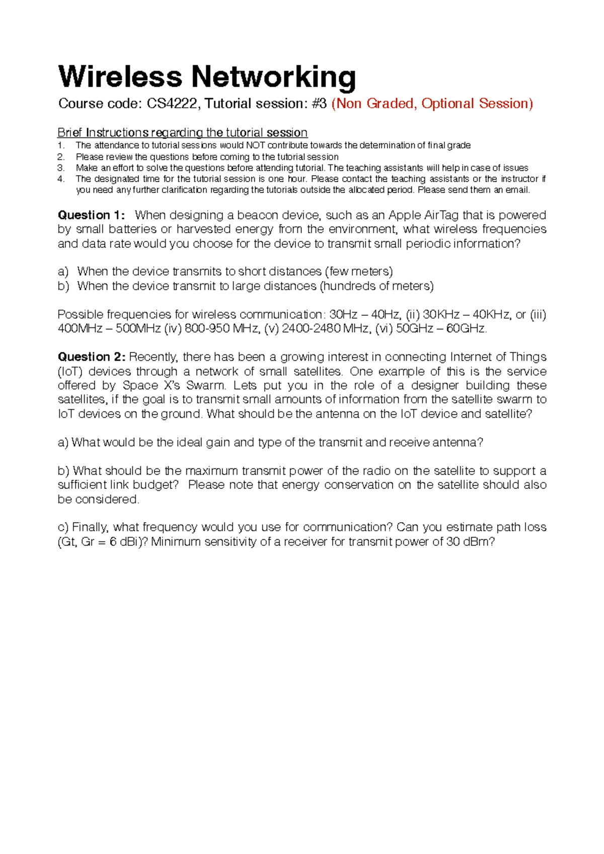 Tutorial 3 - Wireless Networking Course code: CS4222, Tutorial session ...