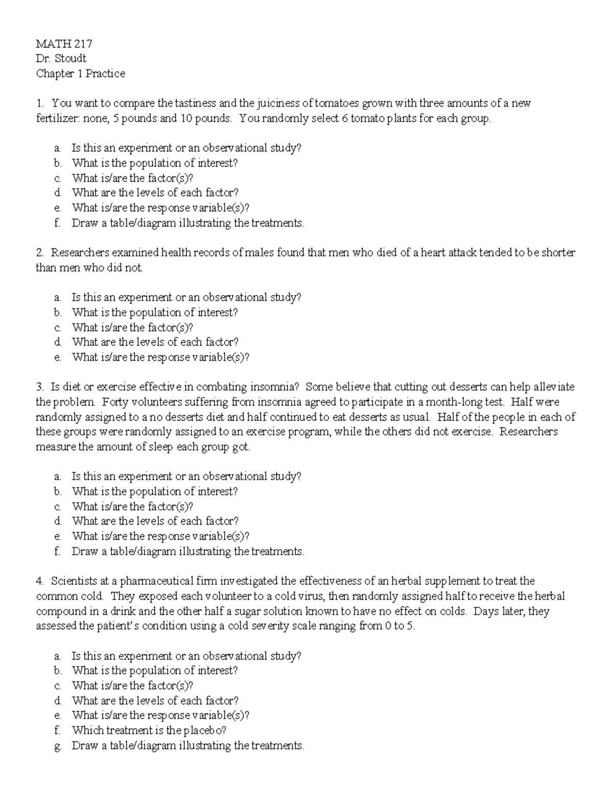 Chapter 1 Practice - MATH 217 Dr. Stoudt Chapter 1 Practice You want to ...